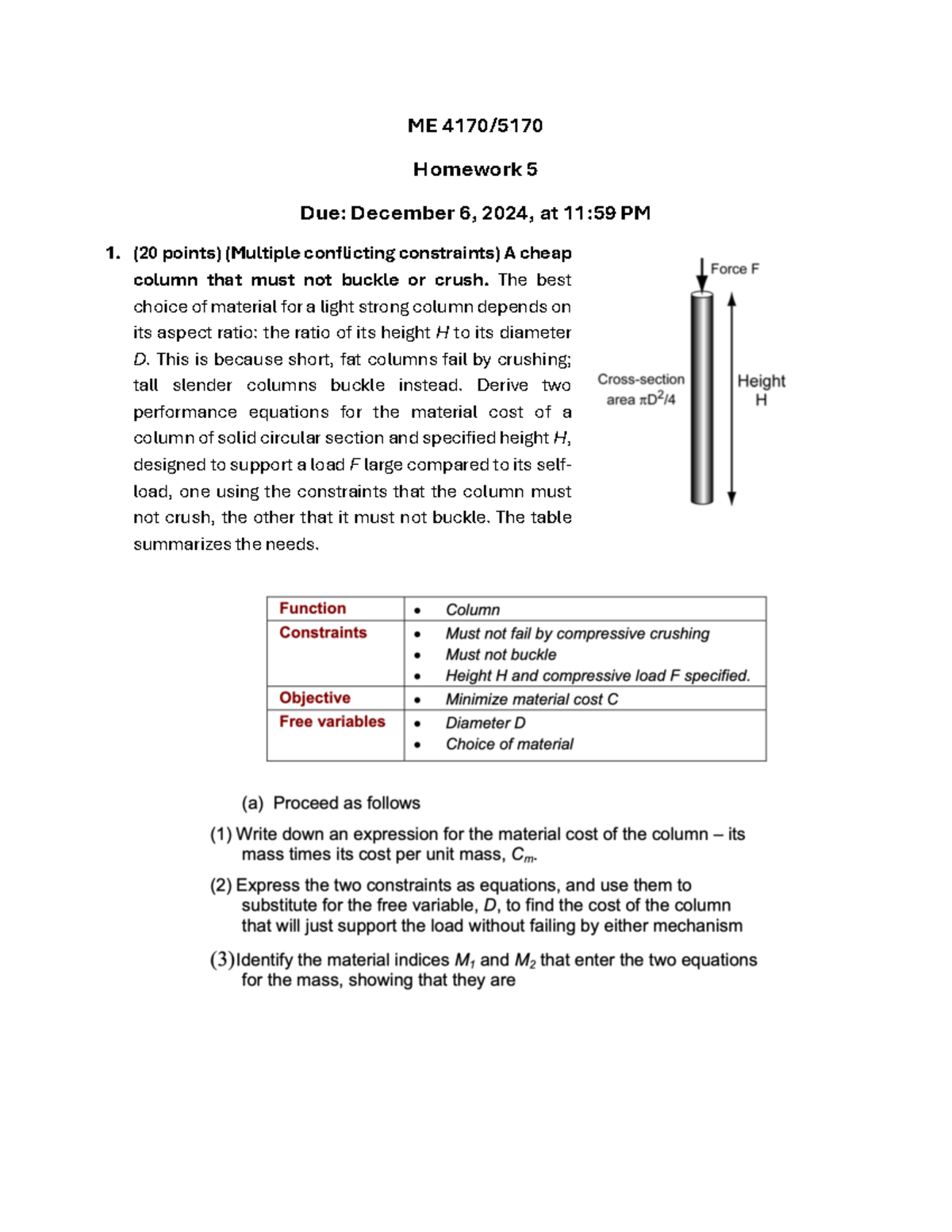 Adv Machine Design HW5 - homework - ME 4170/ Homework 5 Due: December 6, 2024, at 11:59 PM (20 ...