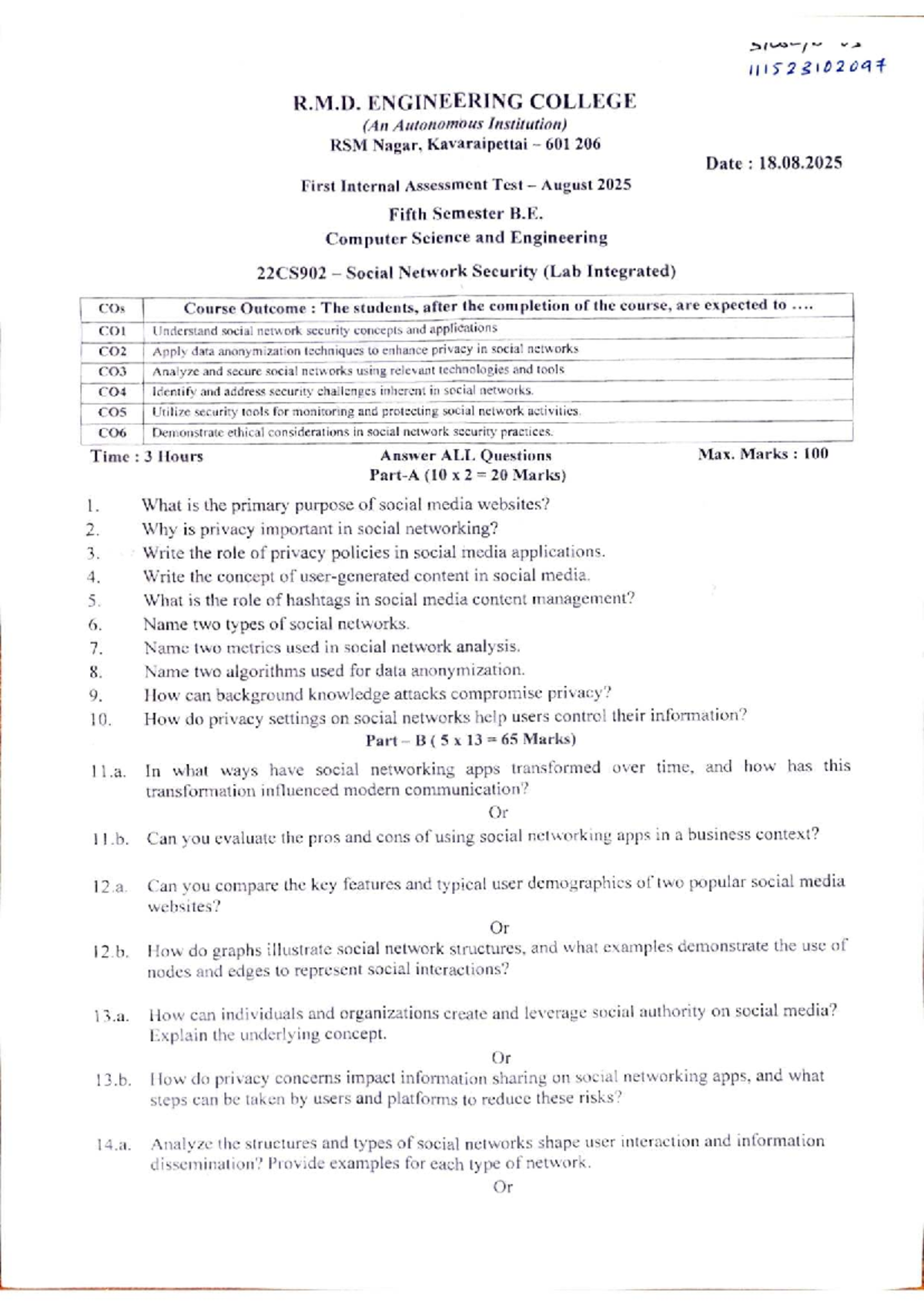 22CS902 Social Network Security First Internal Assessment Test - Studocu