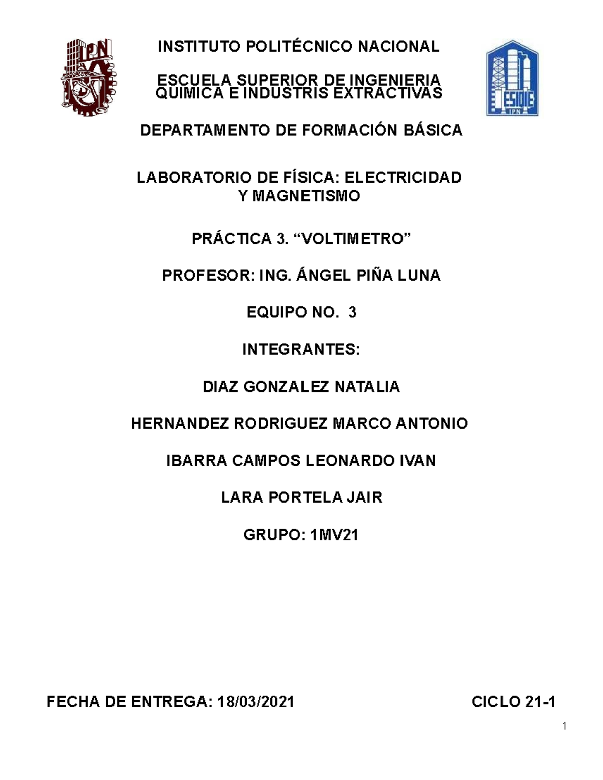 P3 Voltimetro - Practica 3 ESIQIE ELECTRICIDAD Y MAGNETISMO - INSTITUTO POLITÉCNICO NACIONAL ...