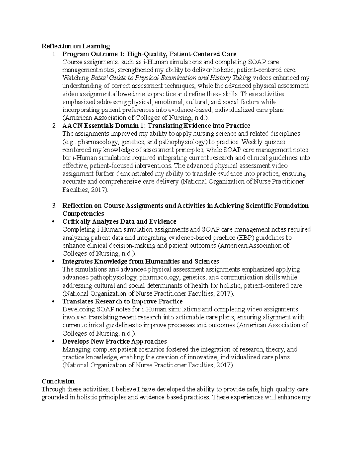 NR509 Reflection - Reflection on Learning 1. Program Outcome 1: High ...