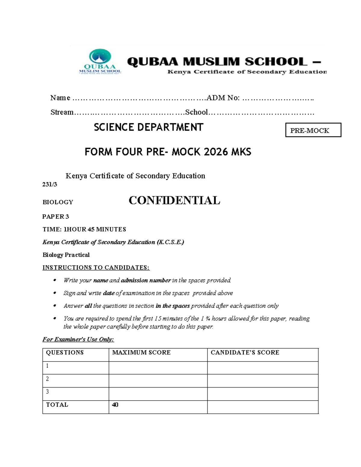F4 BIOLOGY PAPER 3 MOCK 2026 - CONFIDENTIAL - Studocu