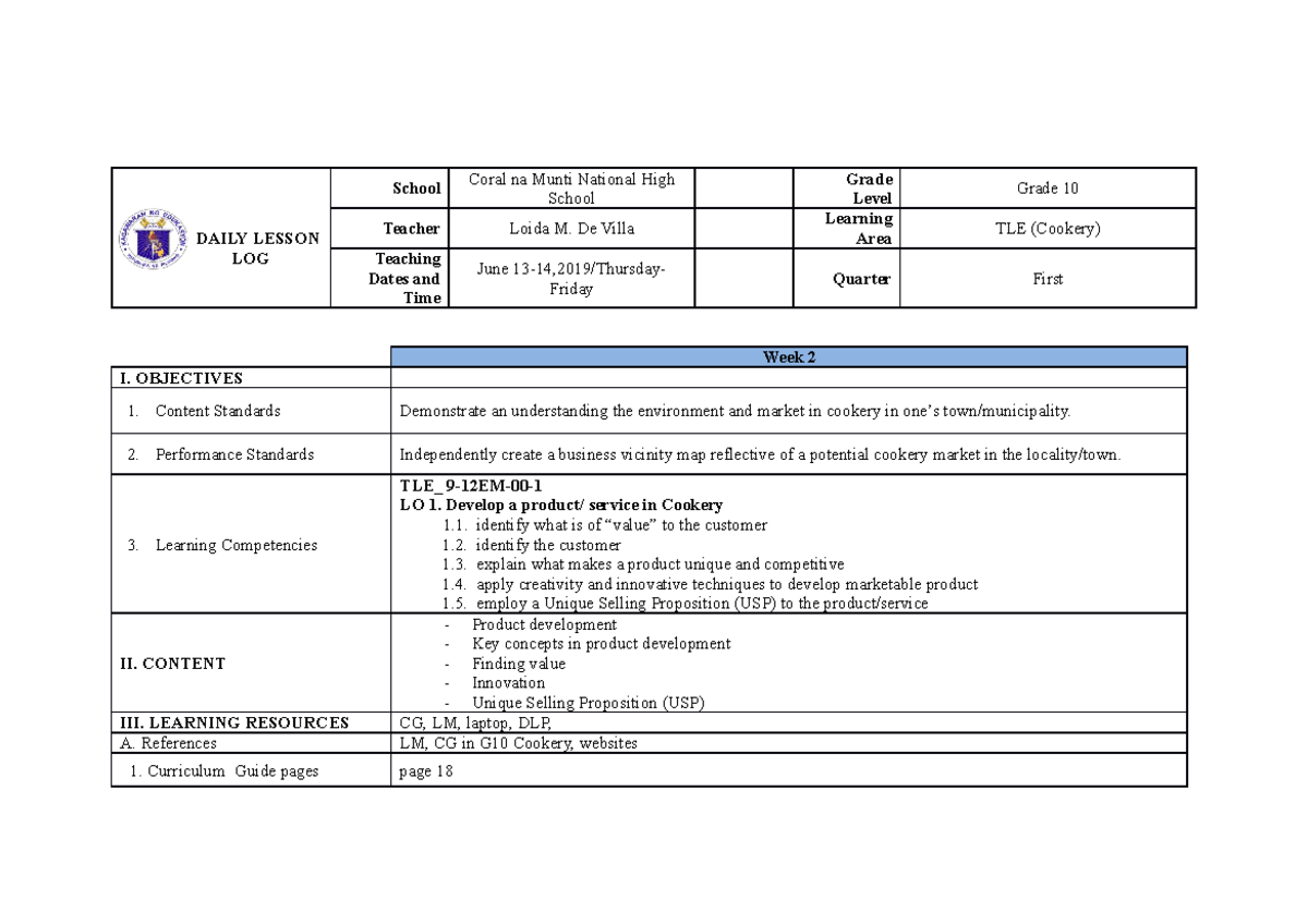 DLL-Cookery Lesson Plan - Product Development Strategies - Studocu