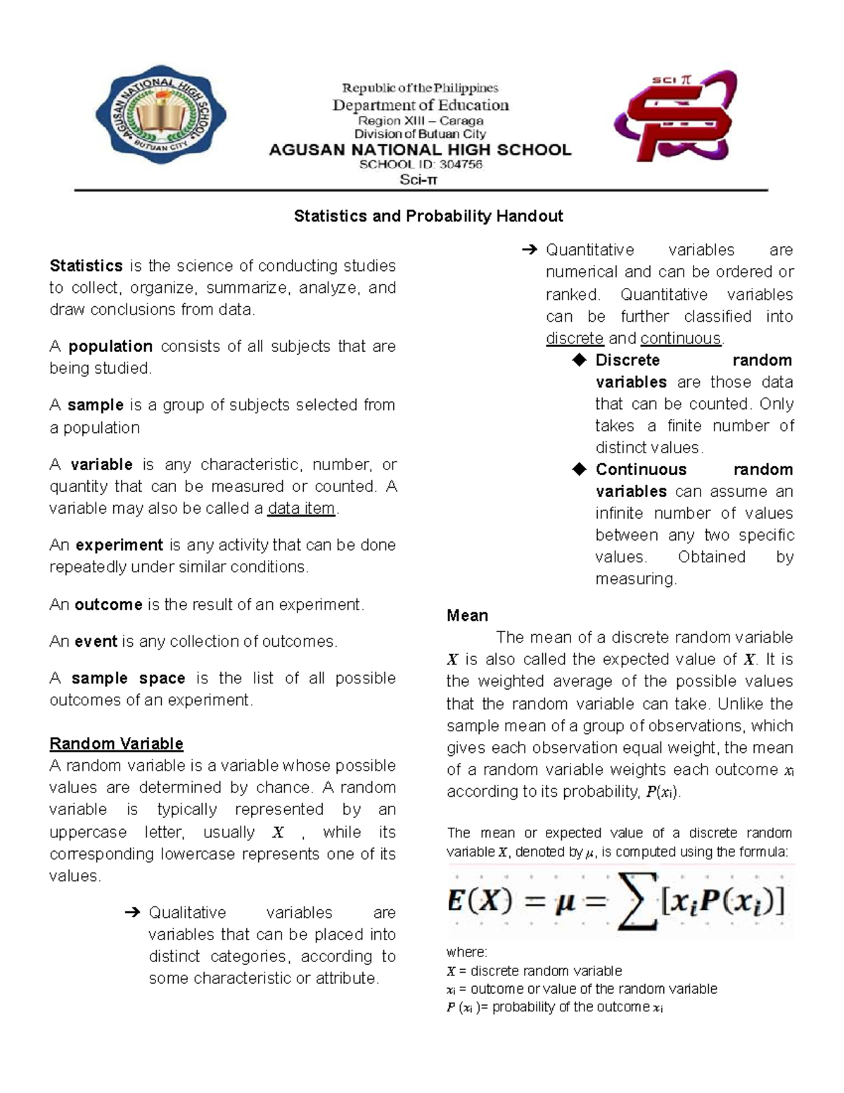 Sci pi Statistics and Probability Handout 1 - Statistics is the science ...