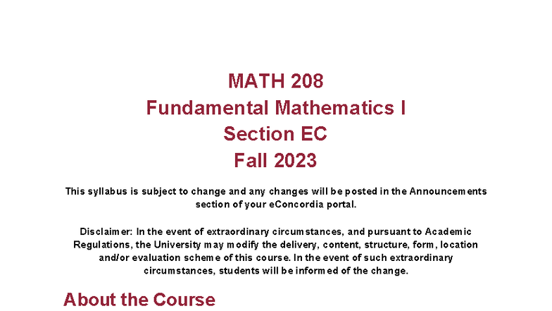 MATH 208 EC Fall 2023 Syllabus & Course Overview - Studocu