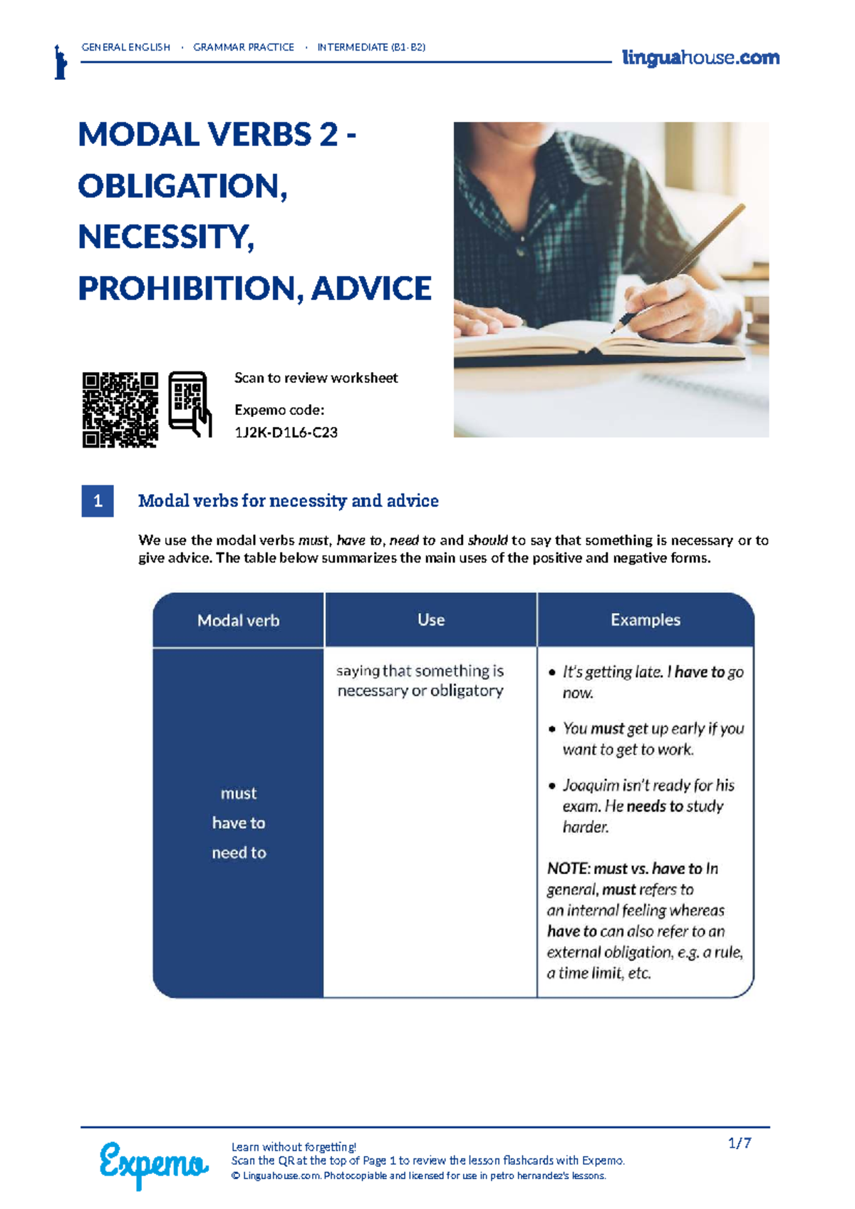 GENERAL ENGLISH GRAMMAR: MODAL VERBS 2 (B1/B2) - OBLIGATION & ADVICE ...