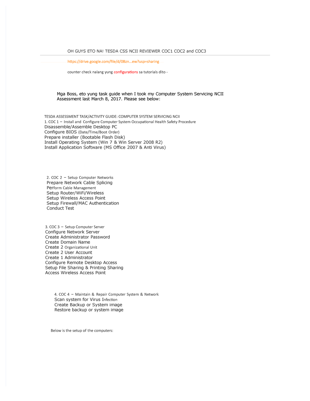 TESDA CSS NCII Reviewer: COC1, COC2, COC3 Assessment Guide - Studocu