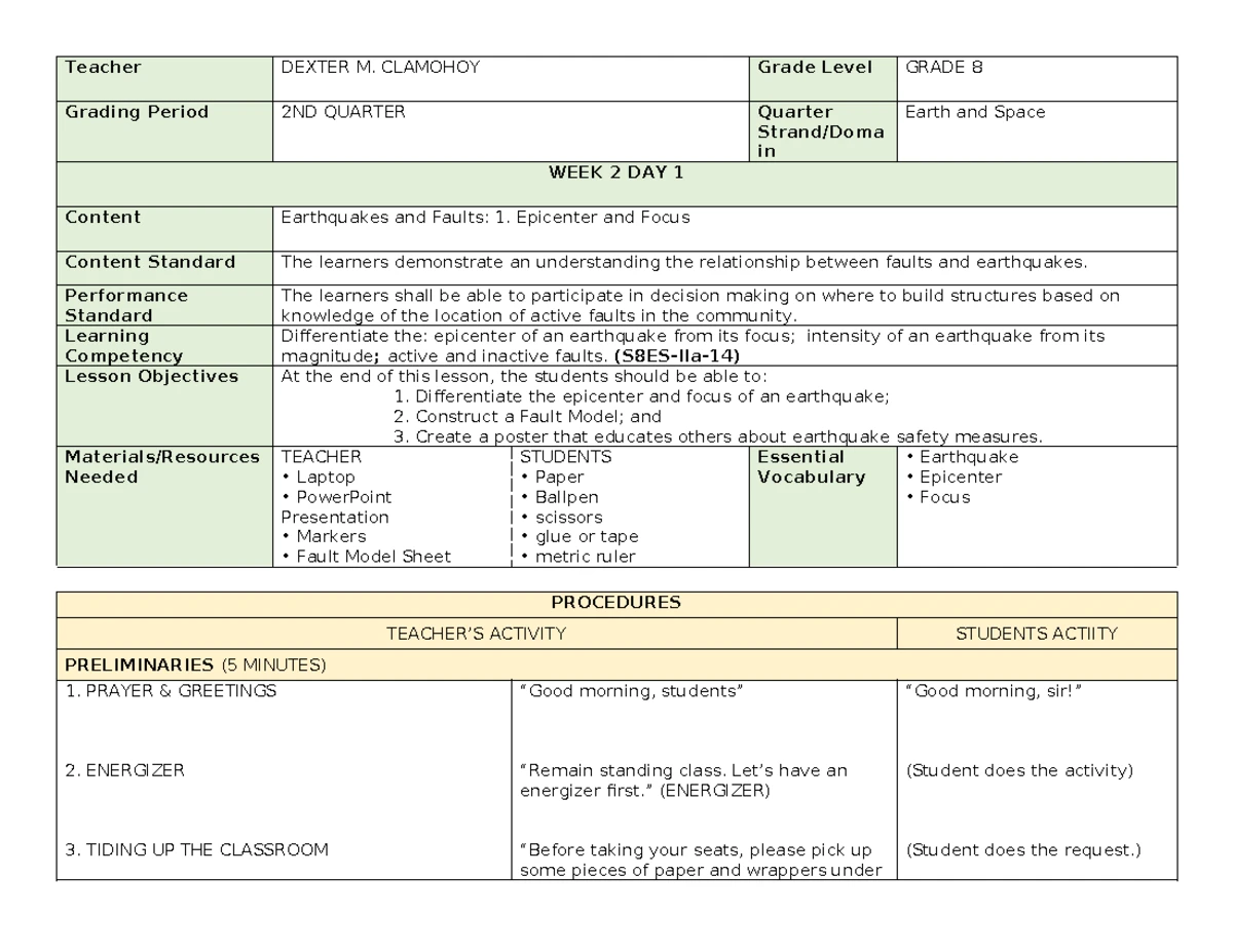 Grade 8 Earth and Space Lesson Plan 7E: Understanding Earthquakes - Studocu