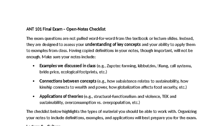 ANT 101 Final Exam Preparation Checklist - Studocu