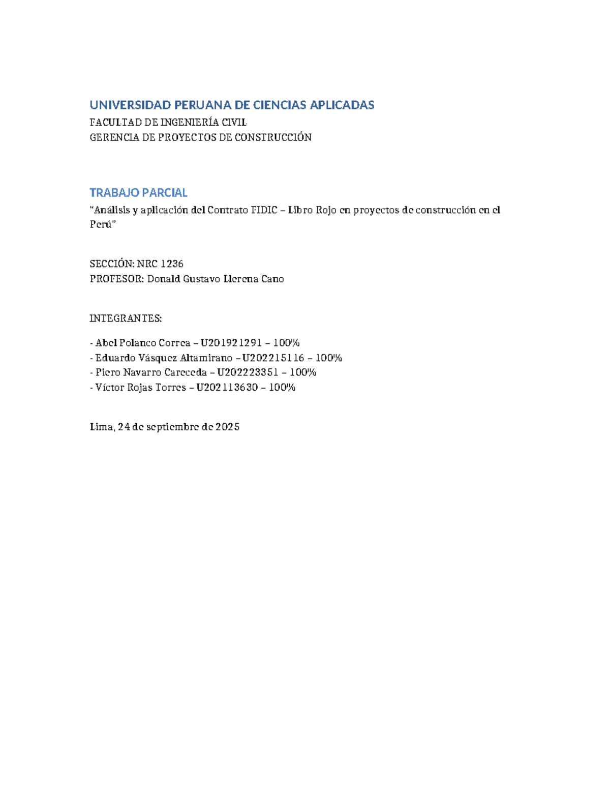 Trabajo Parcial: Aplicación del Contrato FIDIC Libro Rojo en Proyectos ...