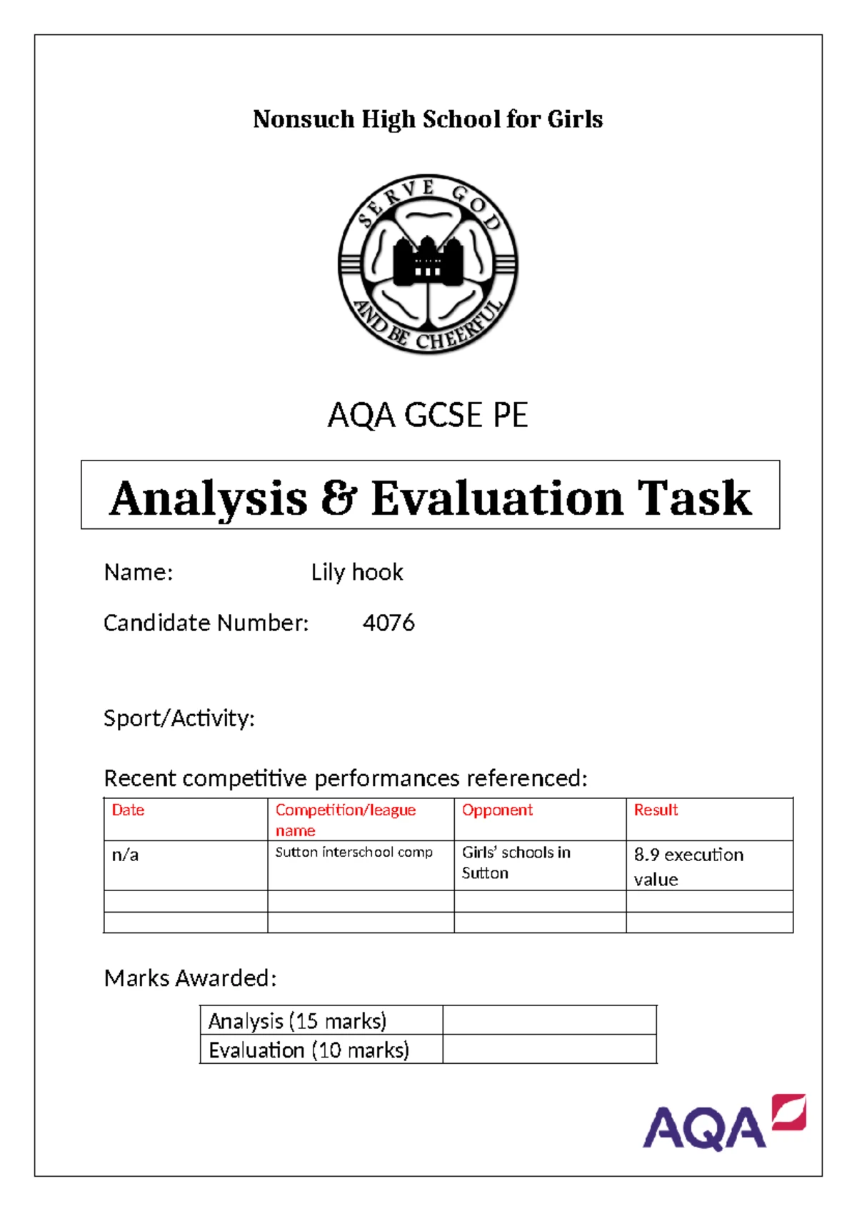 AQA GCSE PE (8582) Analysis and Evaluation Coursework Template - Studocu