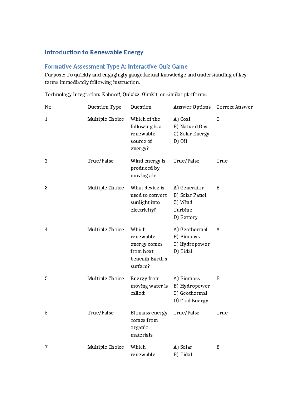 Renewable Energy Formative Assessment Type A: Interactive Quiz Guide ...