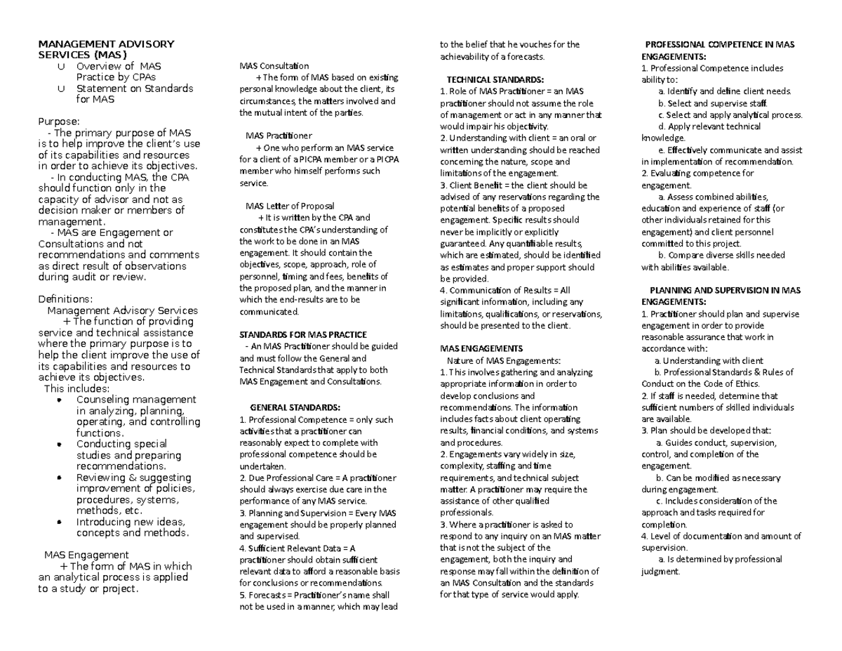Management Advisory Services (MAS) Overview and Standards Notes - Studocu
