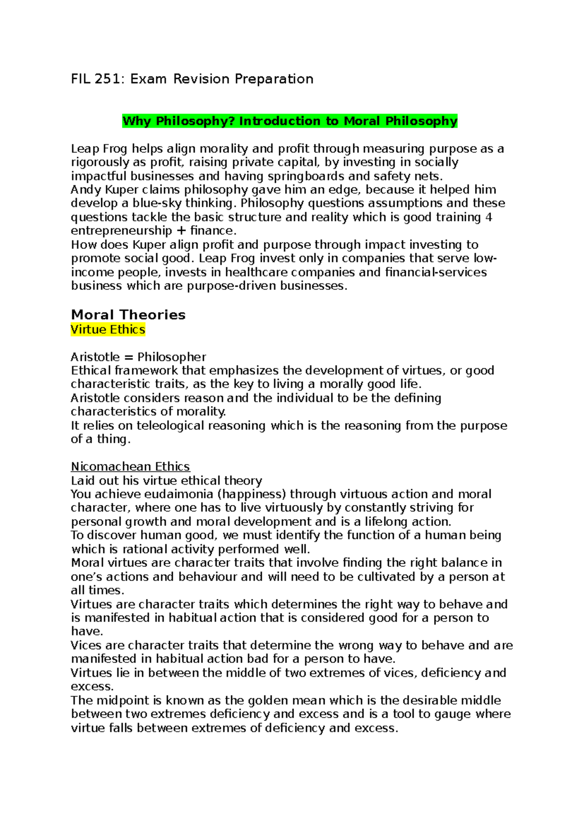 FIL 251: Comprehensive Exam Revision Notes on Moral Philosophy - Studocu