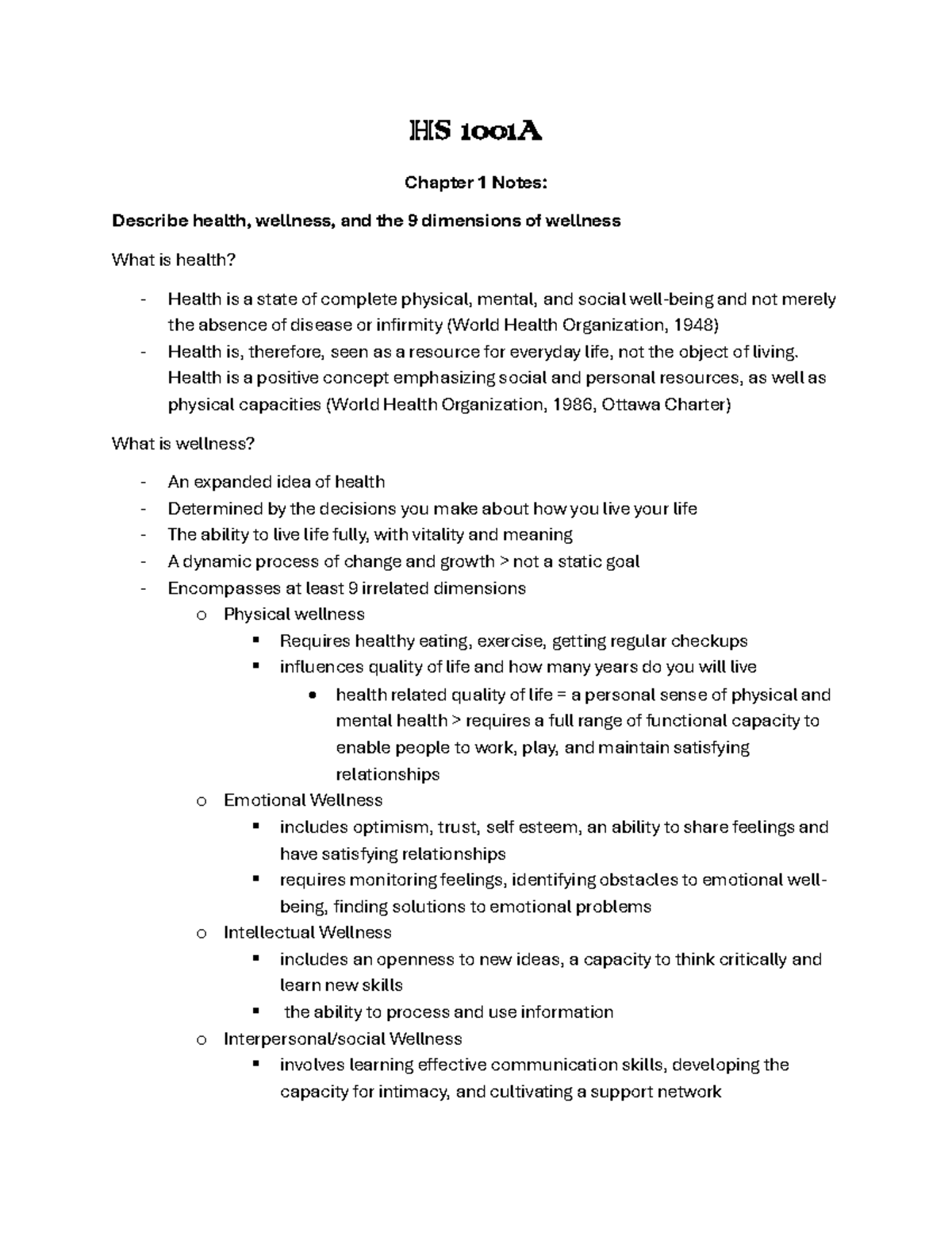 HS 1001A Chapter 1 Notes: Health, Wellness, and 9 Dimensions Explained ...