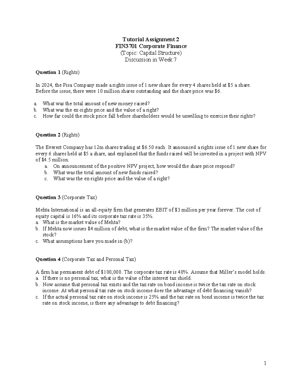 FIN3701 Corporate Finance Tutorial 2: Capital Structure Questions - Studocu
