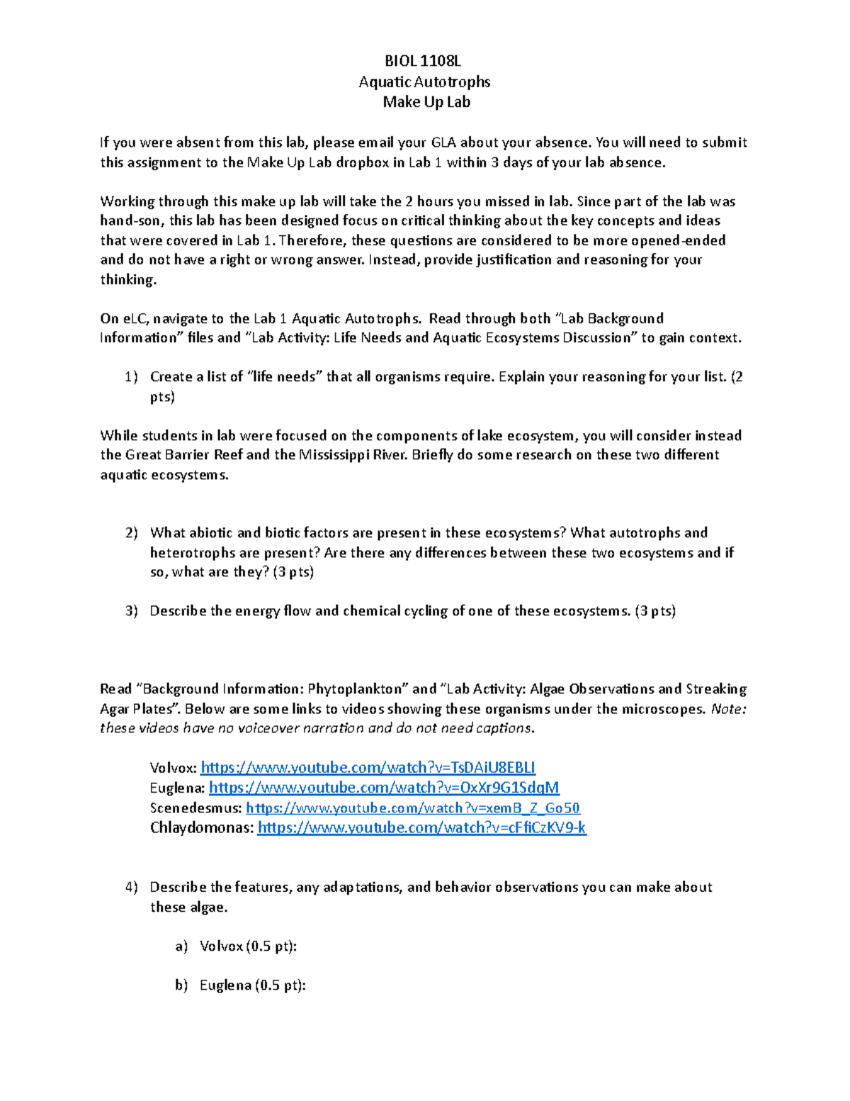 BIOL 1108L Aquatic Autotrophs Make-Up Lab Guidelines and Activities ...