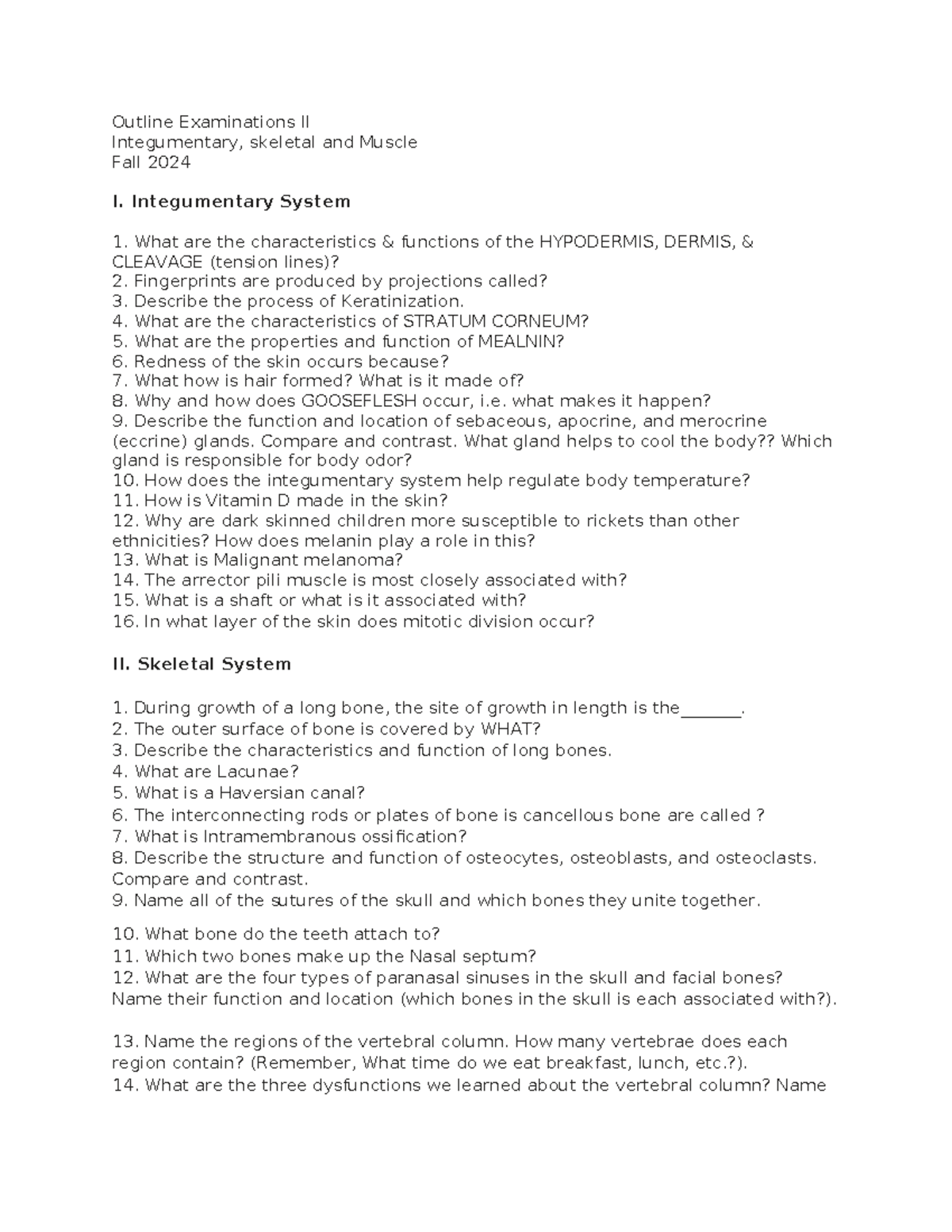 Outline for Integumentary, Skeletal, & Muscular Systems II - Fall 2024 ...