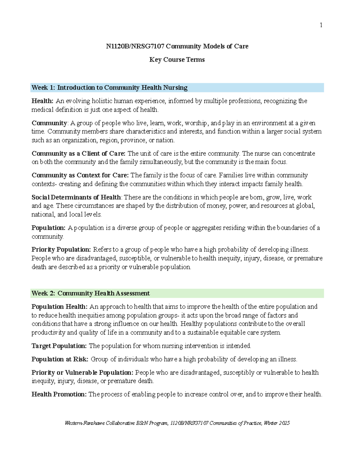 Key Terms for Community Health Nursing (BScN) - Winter 2025 - Studocu