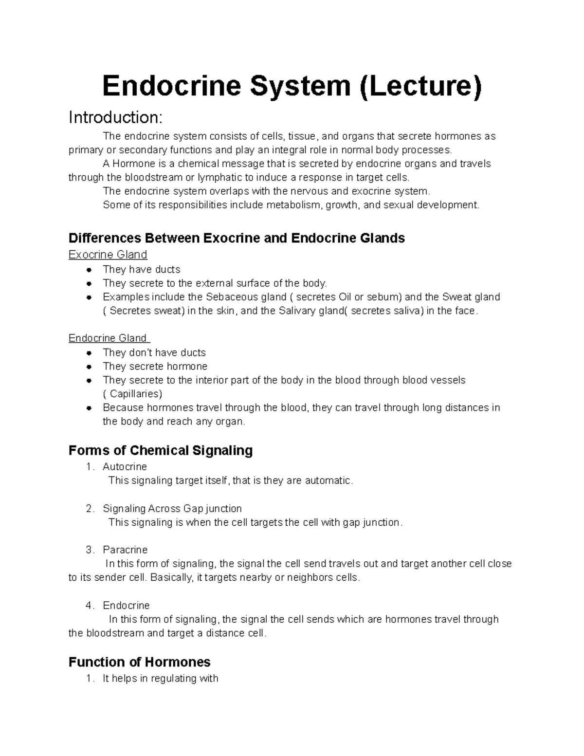 Endocrine System A&P Lecture Notes: Functions and Hormones Overview ...