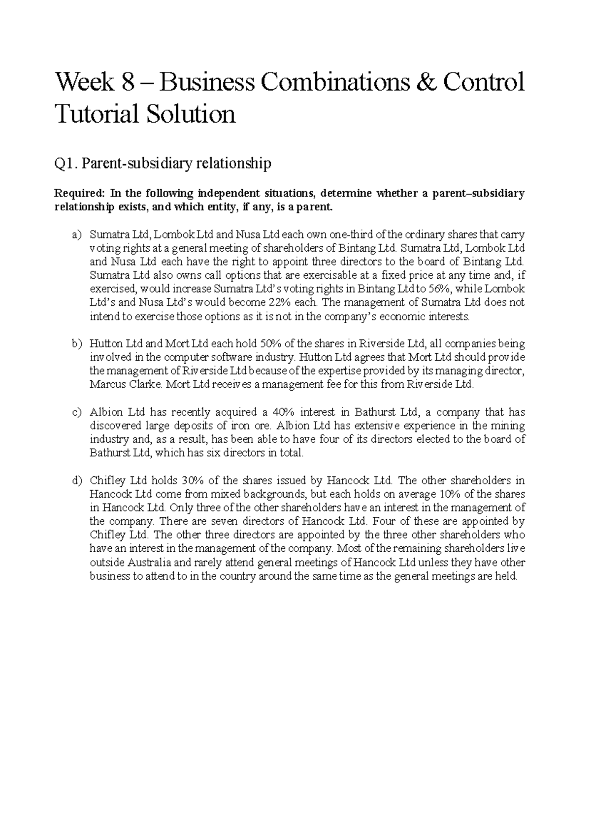 Tutorial 8 Solutions: Business Combinations Control Analysis - Studocu