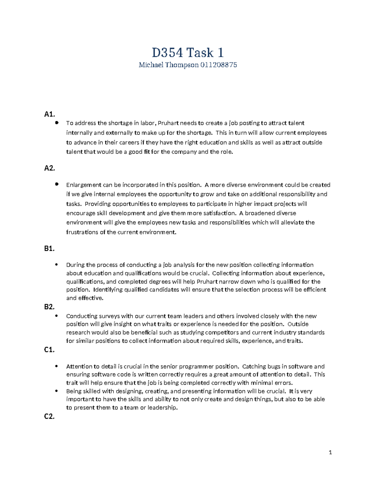 D354 Task 1 - D354 Task 1 - D354 Task 1 Michael Thompson 011208875 A1 ...