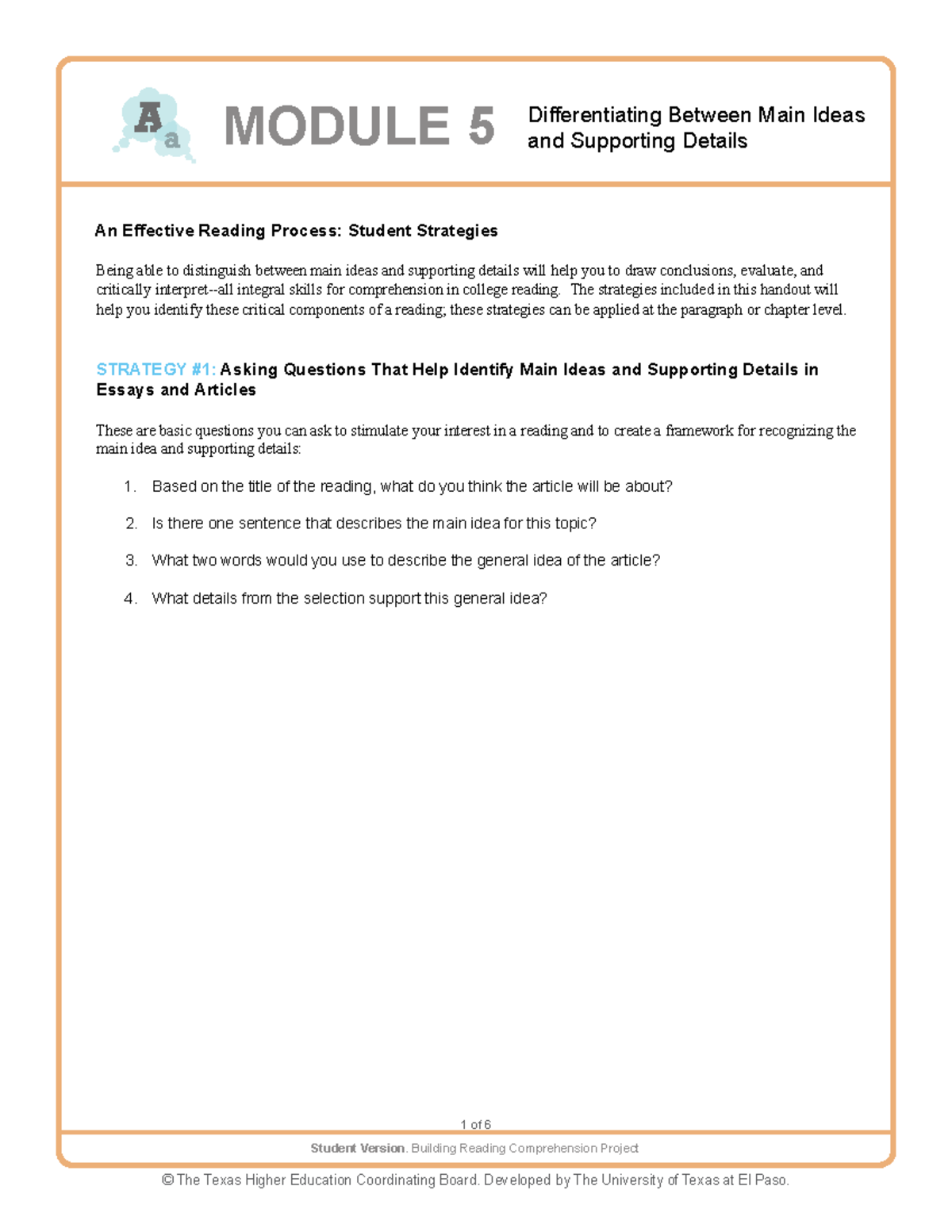 Strategies for Identifying Main Ideas & Supporting Details (Module 5 ...