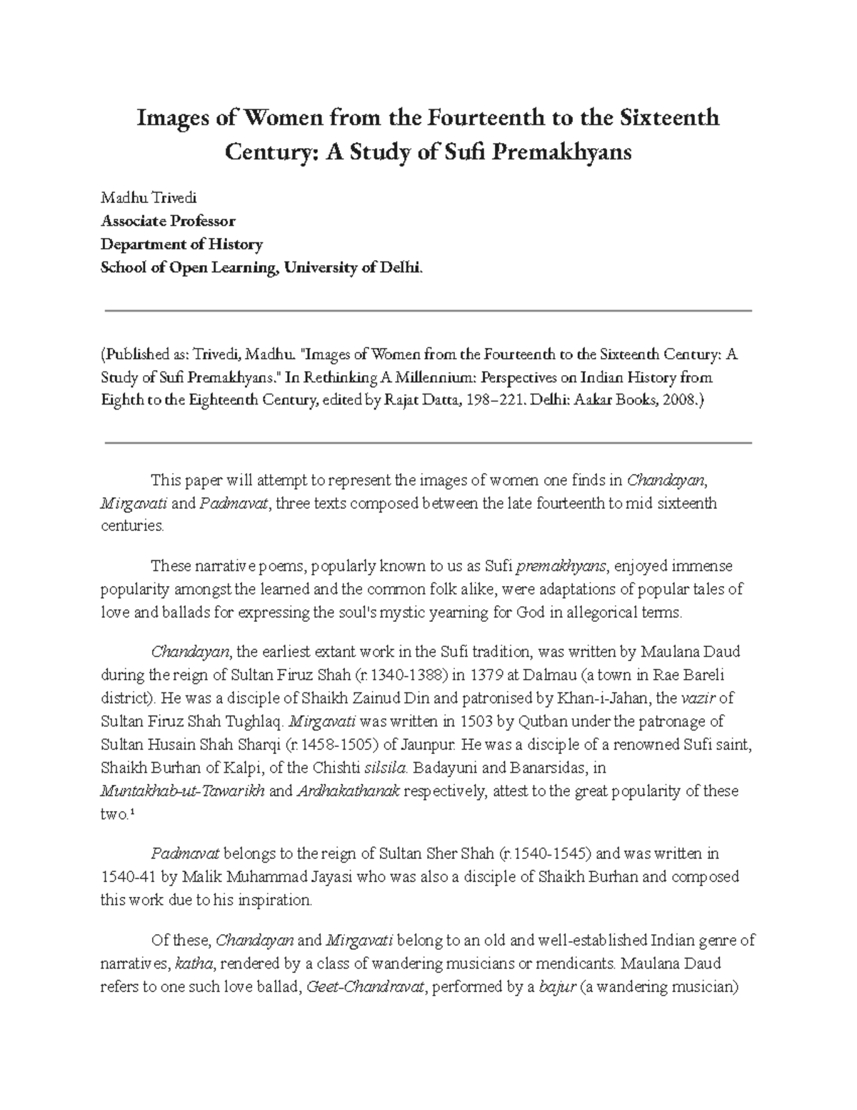 Images of Women in Sufi Premakhyans: 14th to 16th Century Study (HIST ...