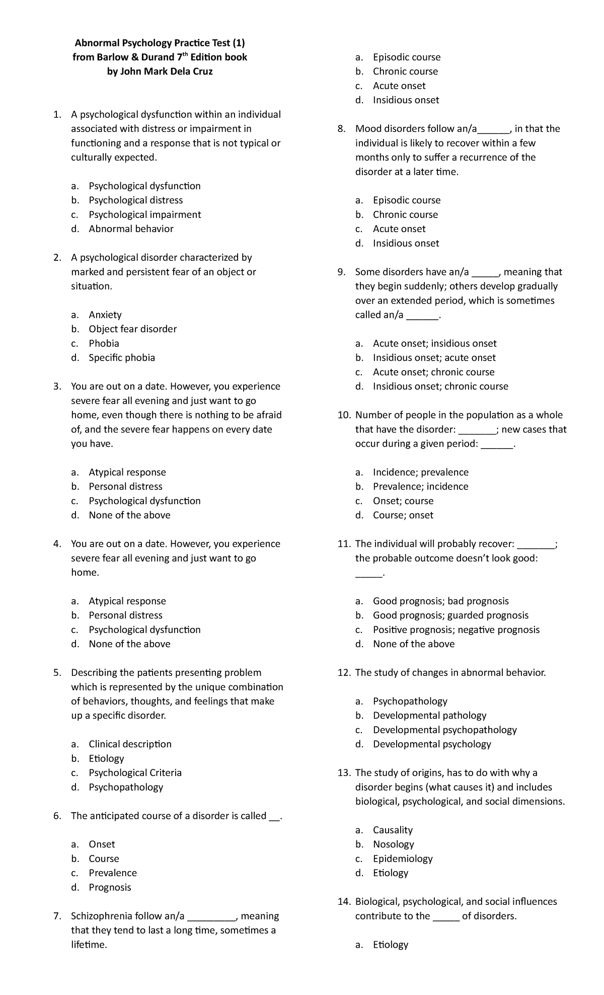 Practice Test 1 Barlow and Durand Abnormal Psychology - Abnormal ...