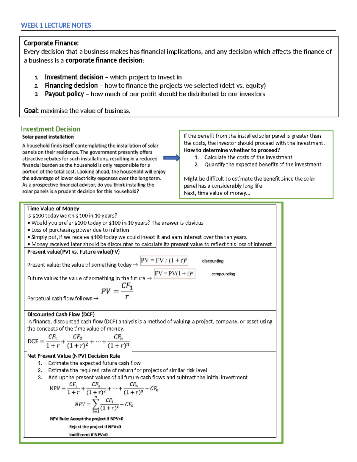 W1 LECTURE NOTES: Key Concepts in Corporate Finance - Studocu