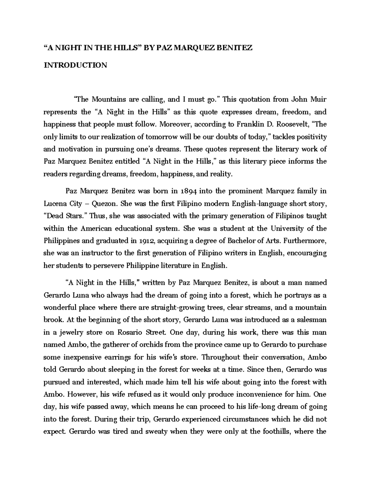 Literary Analysis of "A Night in the Hills" by Paz Marquez Benitez ...