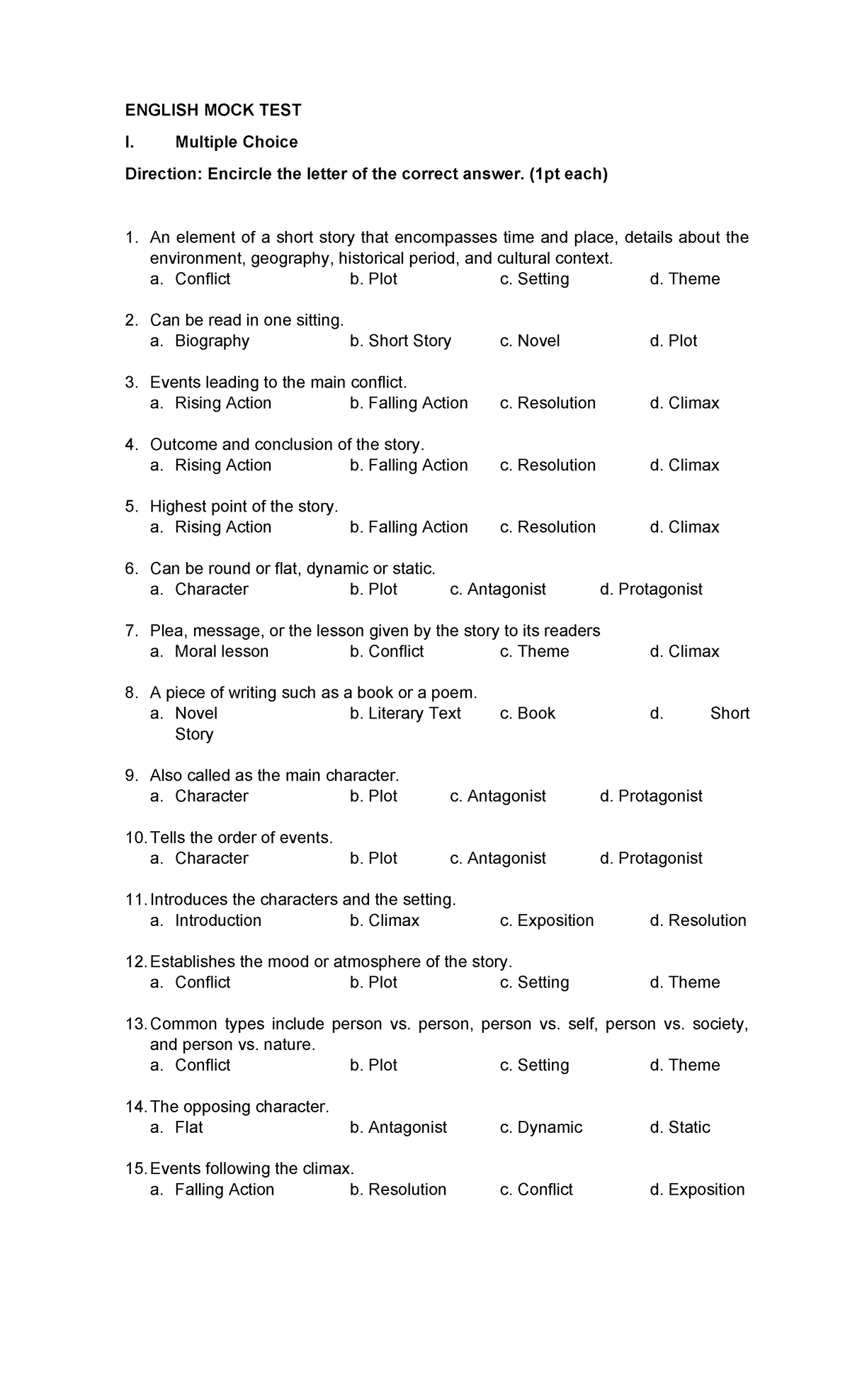 ENGLISH MOCK TEST: Multiple Choice & Fill-in-the-Blanks - Studocu