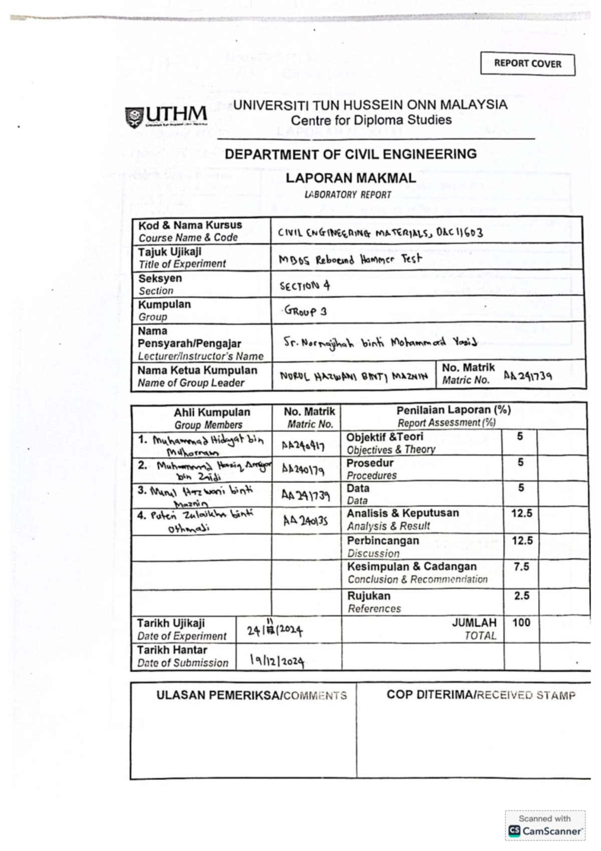 LAB REPORT: REBOUND HAMMER TEST (CIVIL ENGINEERING MATERIALS, 0AC11603 ...