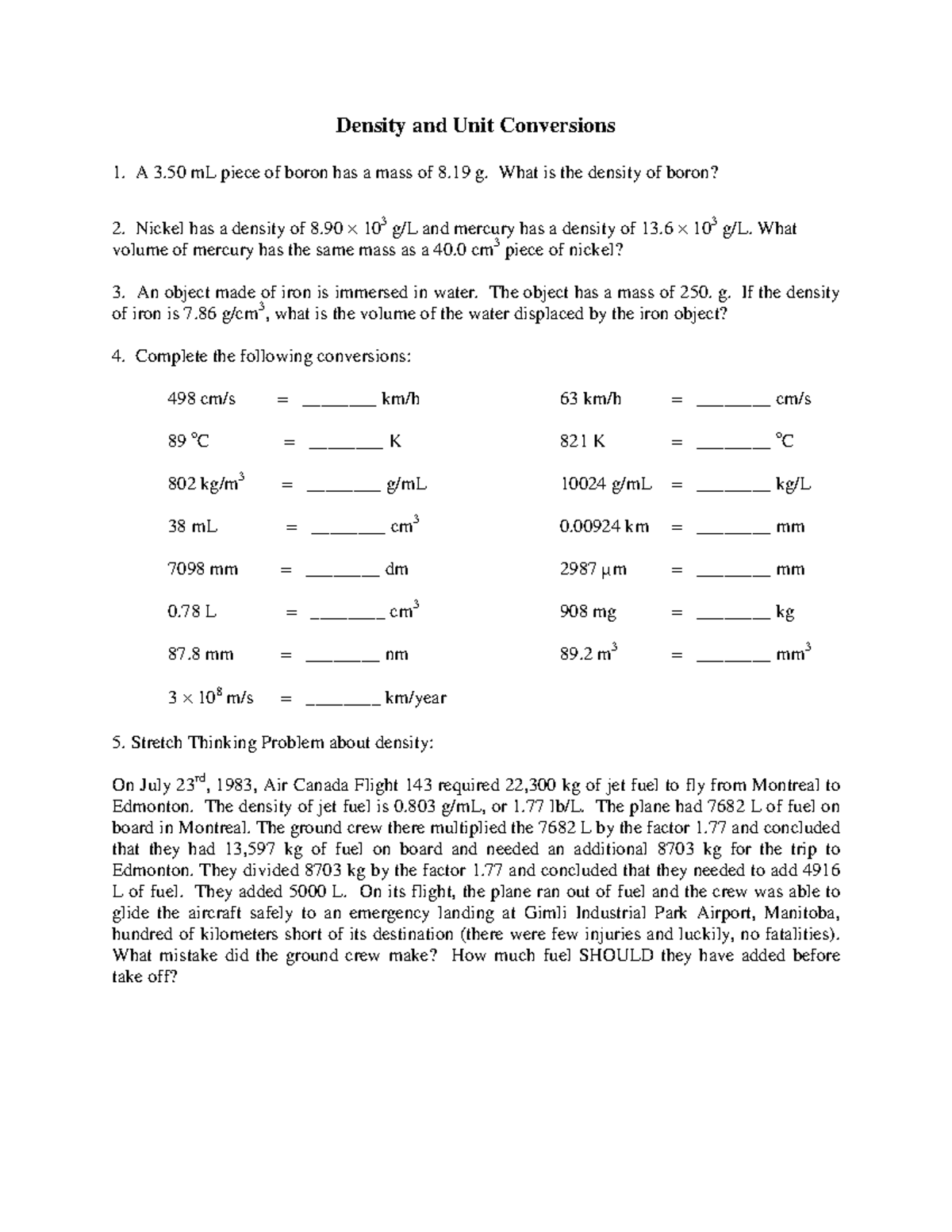 Density and Unit Conversions Exercise - 1105 - 2013S - Density and Unit ...