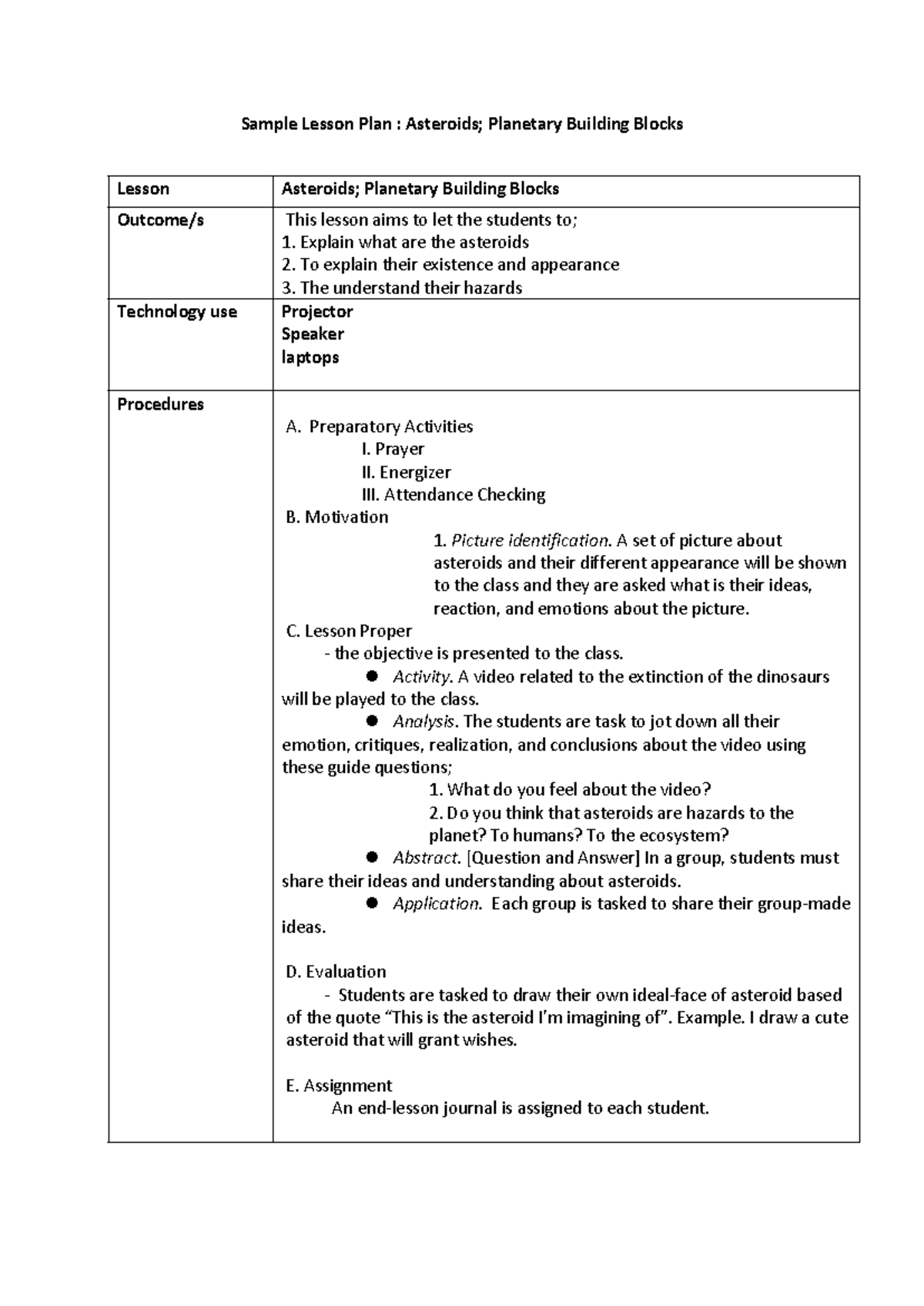 Sample Lesson Plan (Asteroids; Planetary Building Blocks) - Sample ...