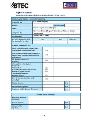 Final Research project Proposal CRP - Higher Nationals Internal verification of assessment ...