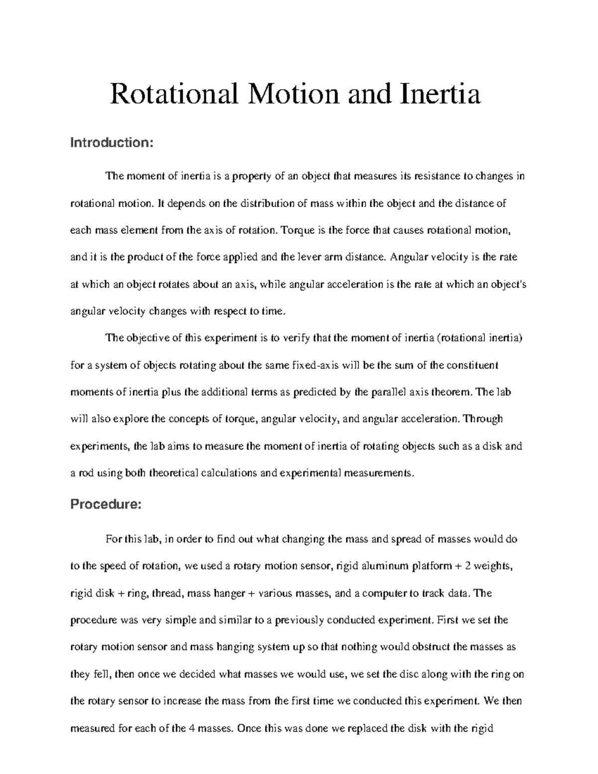 Rotational Motion Lab Report - Moment of Inertia Analysis - Studocu