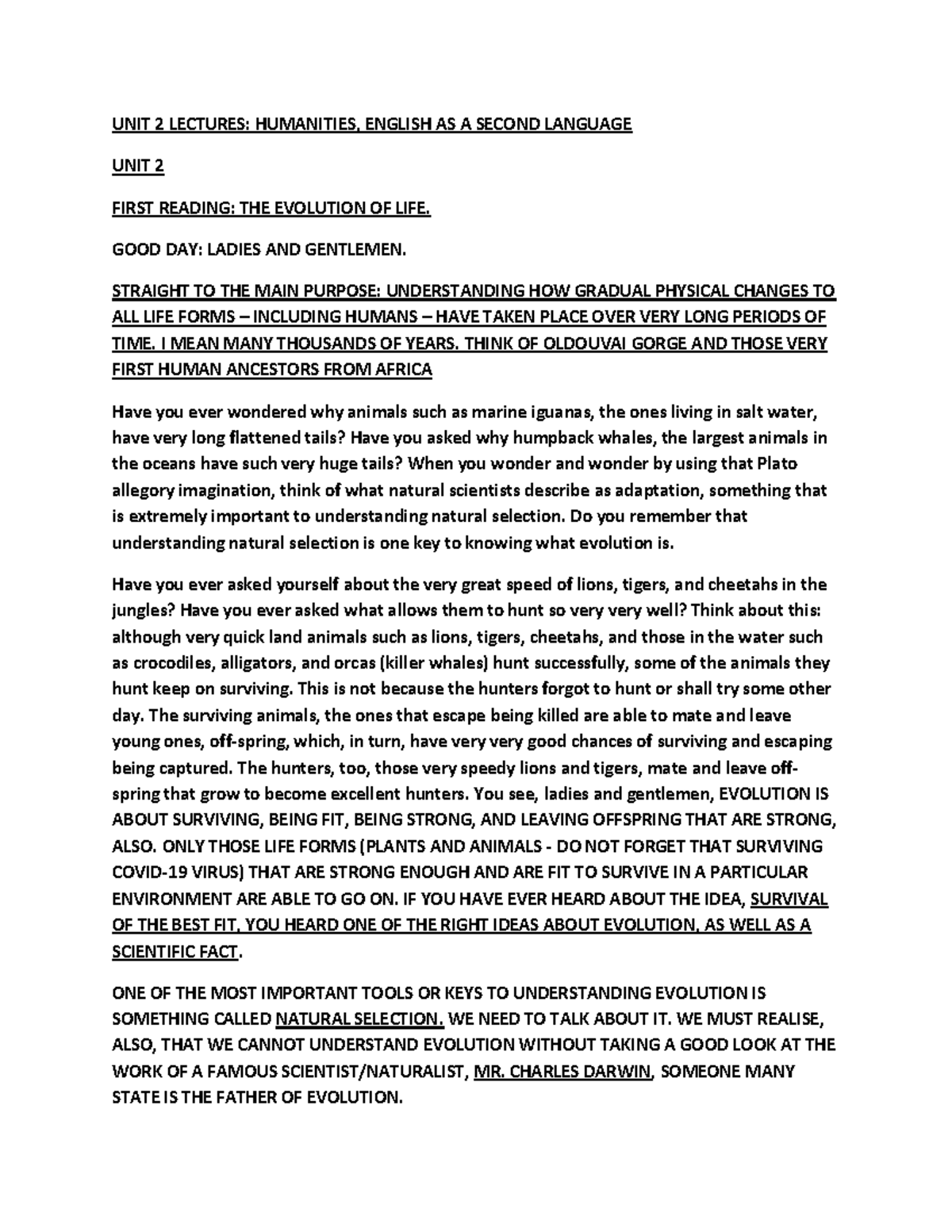 Unit 2 HESL Lecture: Understanding Evolution and Natural Selection ...