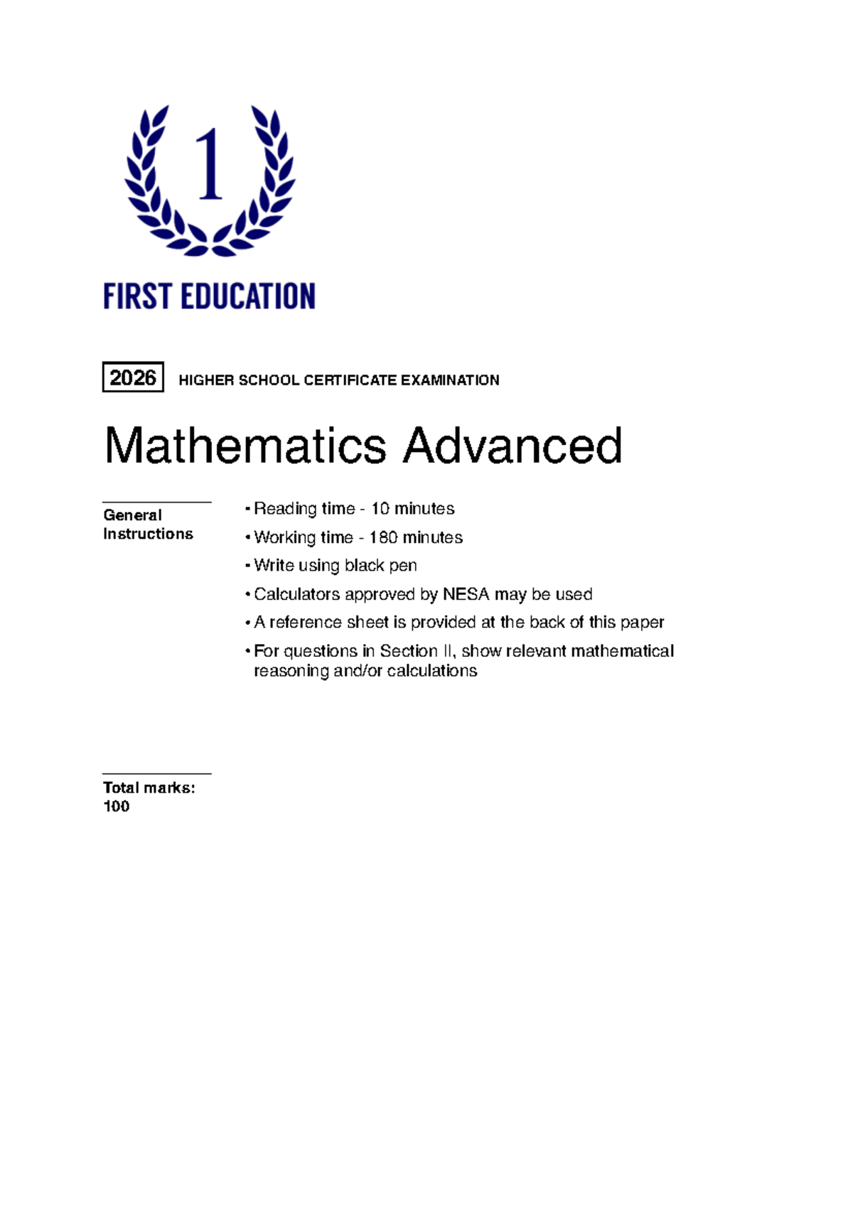 2026 HSC Mathematics Advanced Exam Instructions & Questions - Studocu ...
