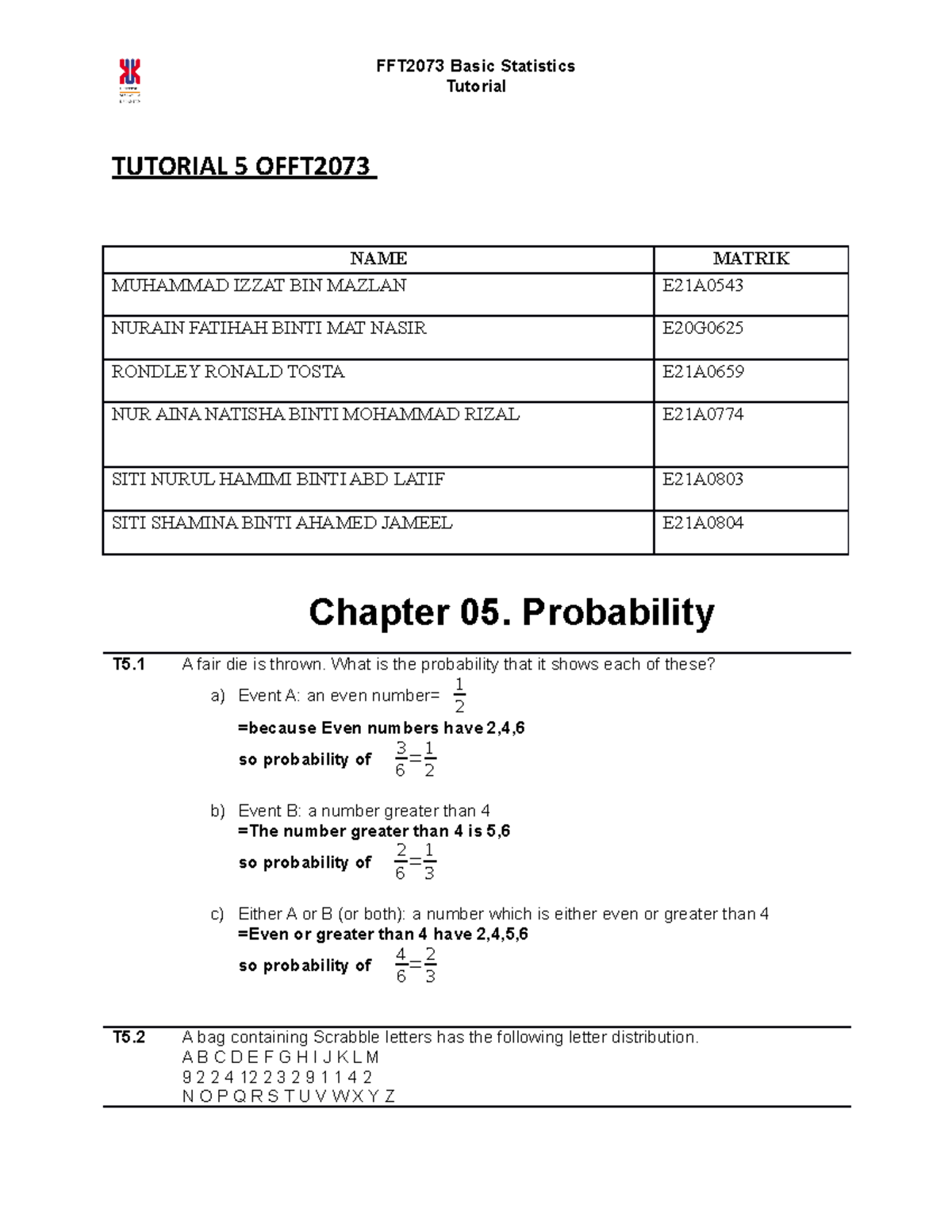 Tutorial - Chapter 05. Probability 7.11.2021 - Understanding Management ...