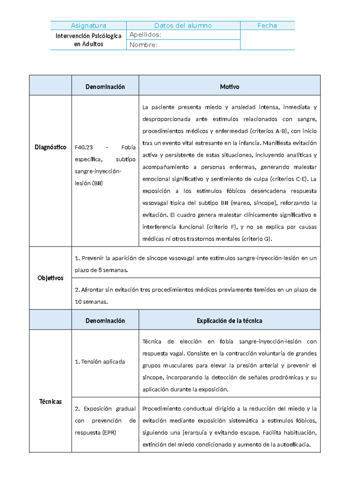 Intervención Psicológica en Adultos: Actividad 1 - Fobia Específica ...