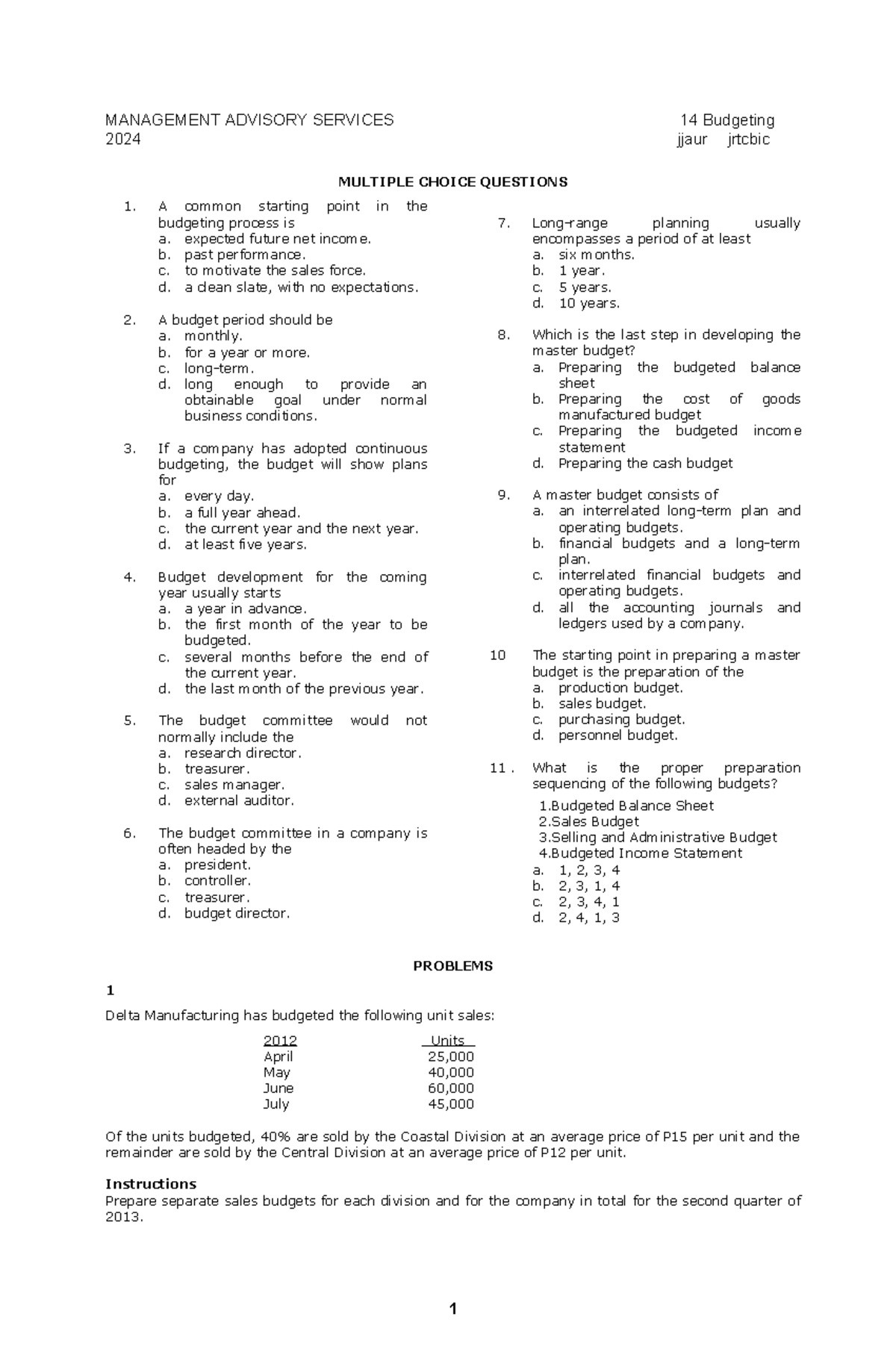 14 MS Budgeting 2024 - Multiple Choice Questions and Problems - Studocu