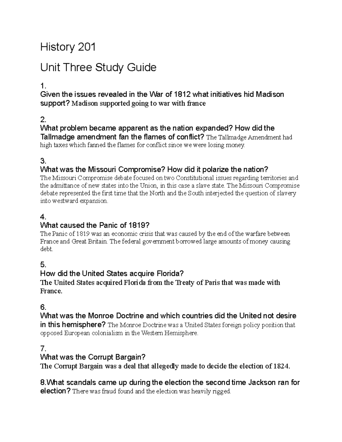 History 201: Unit 3 Study Guide on Early 19th Century America - Studocu