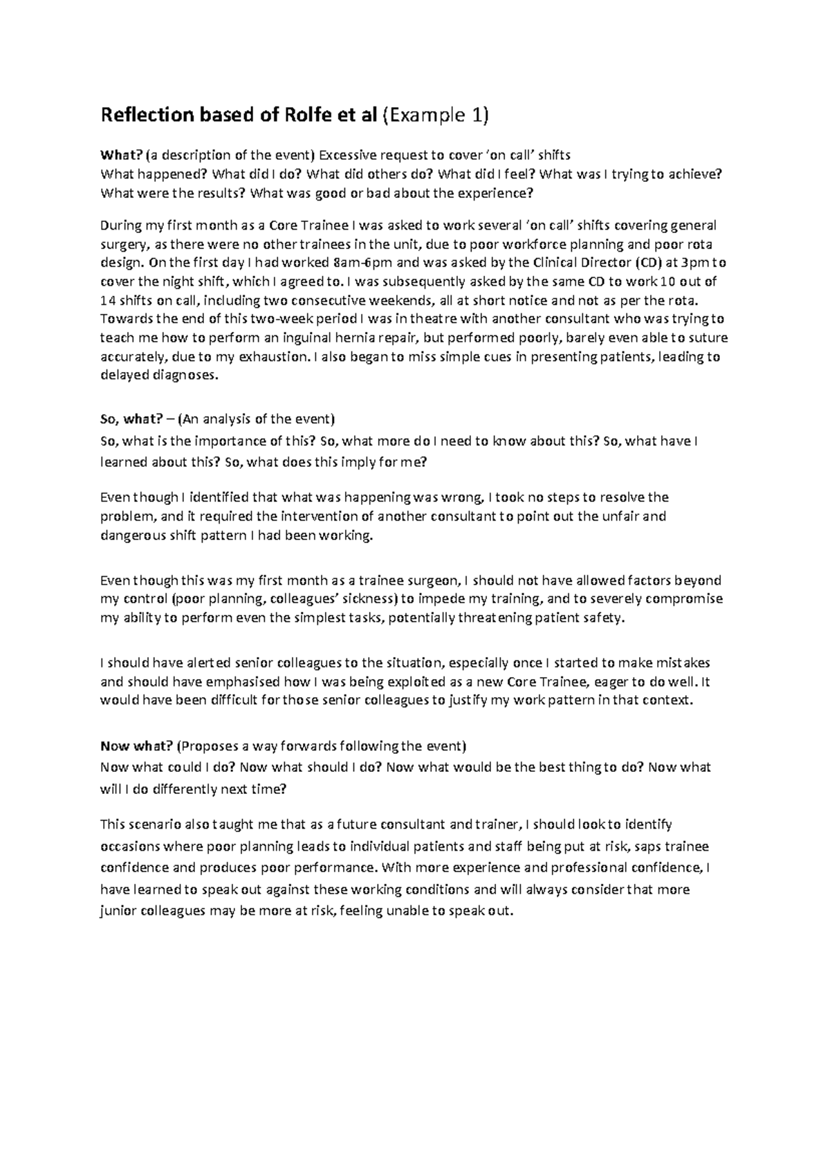 Reflective Practice on Shift Management: A Rolfe Analysis Example 1 ...