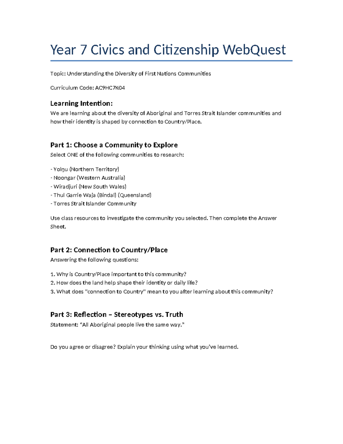 Year 7 Civics & Citizenship WebQuest: First Nations Diversity - Studocu
