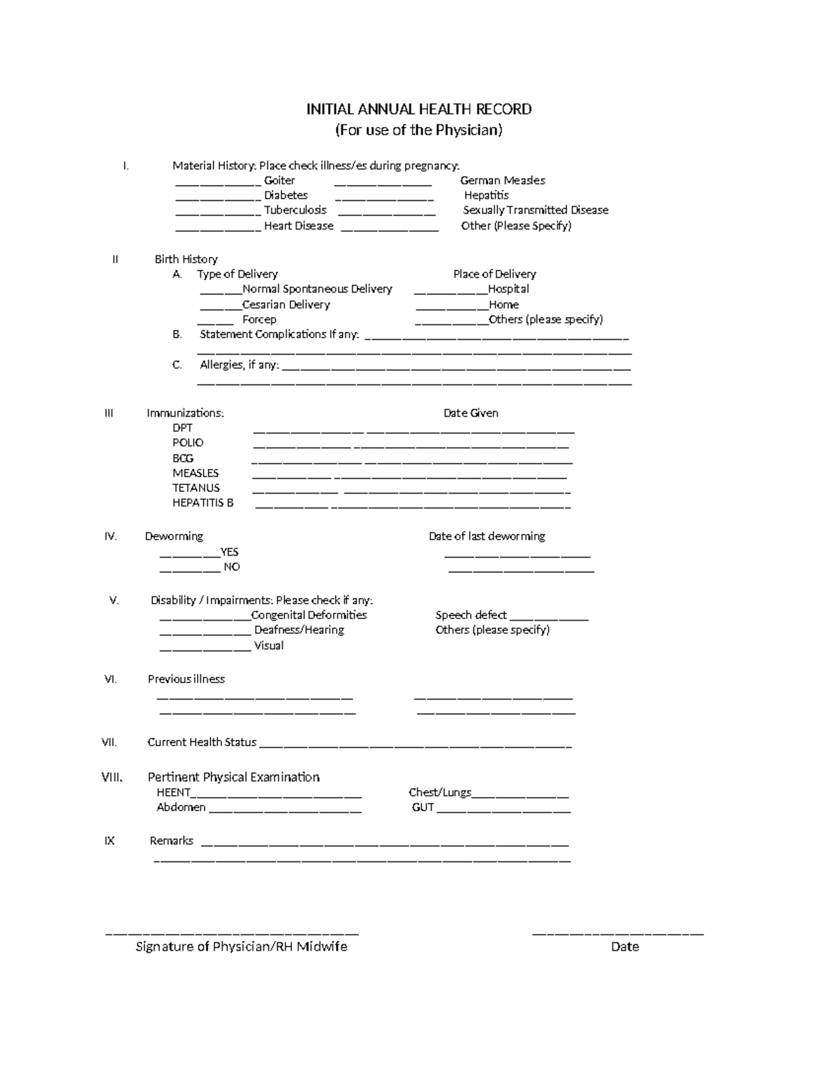 School Initial Annual Health Record for Physicians - Studocu