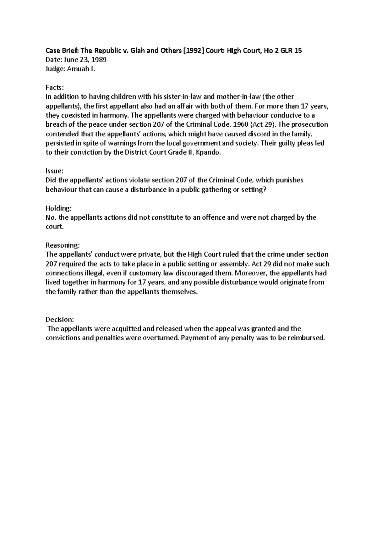 Case Brief: GLAH & ANOR v. The Republic - High Court Ruling - Studocu