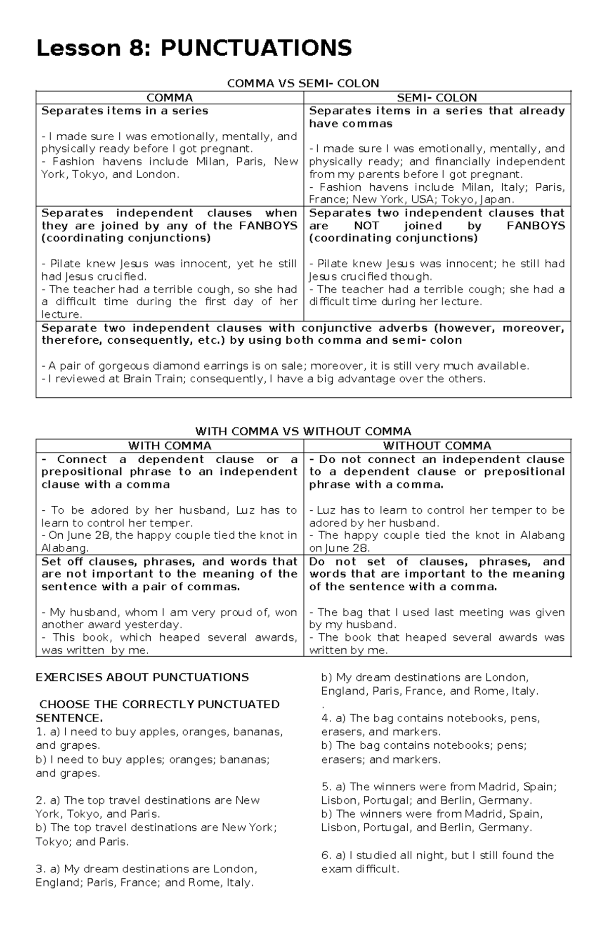 GRAMMAR LESSONS - Lesson 8: PUNCTUATIONS COMMA VS SEMI- COLON COMMA ...