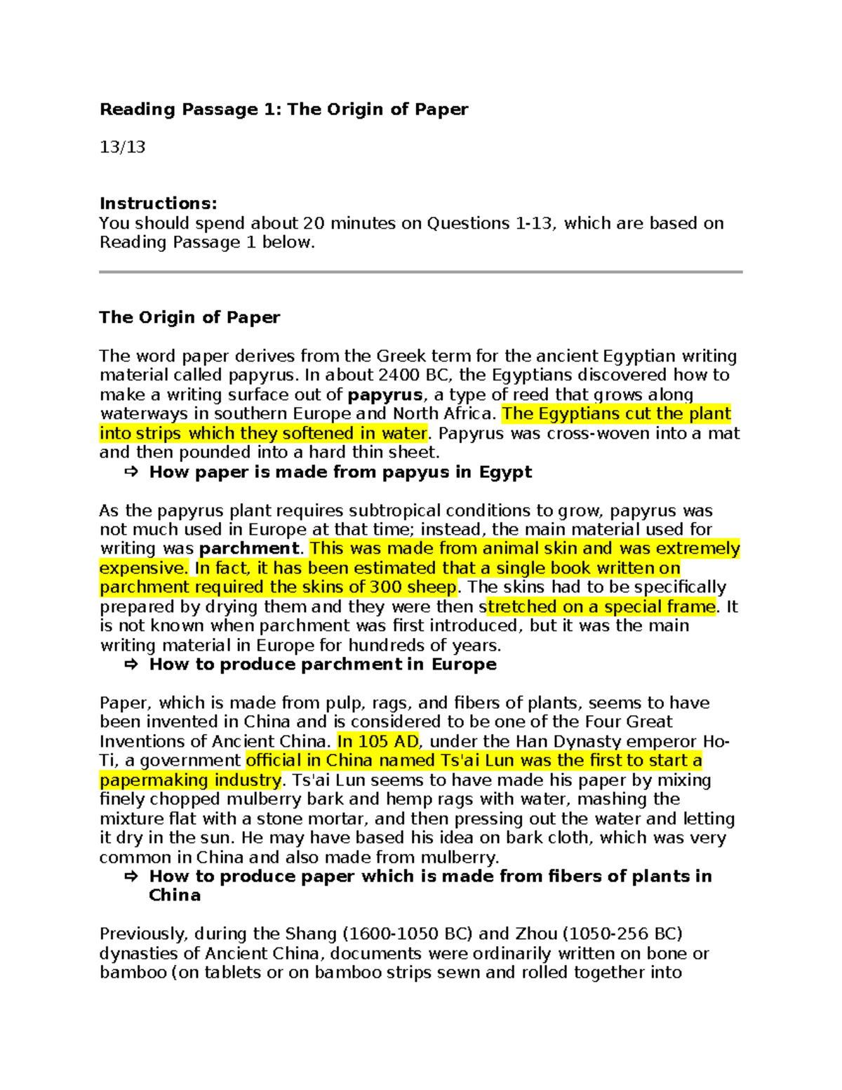 Reading Passage 1: The Origin of Paper - Historical Insights and ...