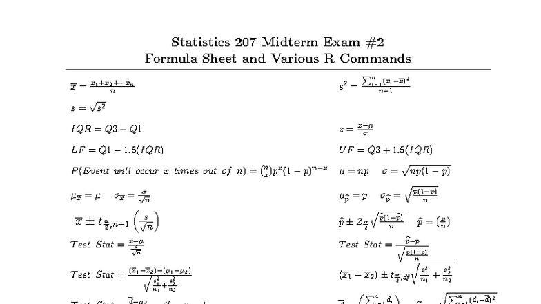 Statistics 207 Midterm Exam #2 Formula Sheet & R Commands - Studocu