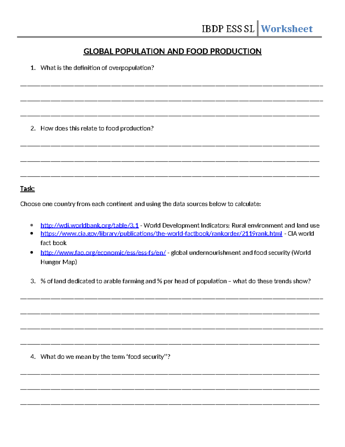 IBDP ESS SL Worksheet: Global Population & Food Production Analysis ...
